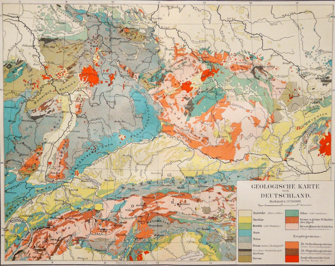 1897 Antique Geological Map of GERMANY. Geology. Rocks. 127 Years Old ...