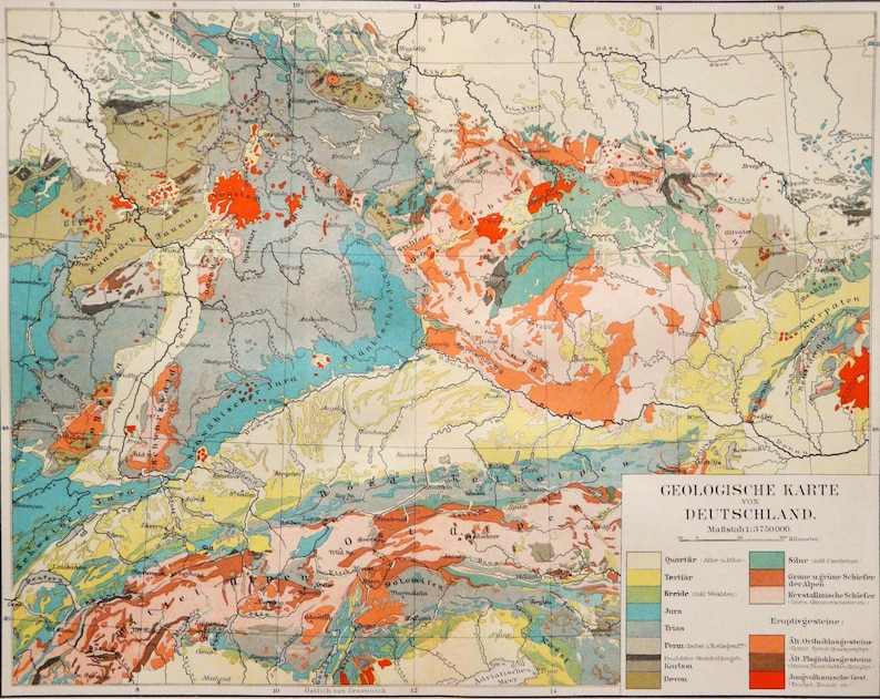 1897 Antique Geological Map of GERMANY. Geology. Rocks. 128 Years Old ...