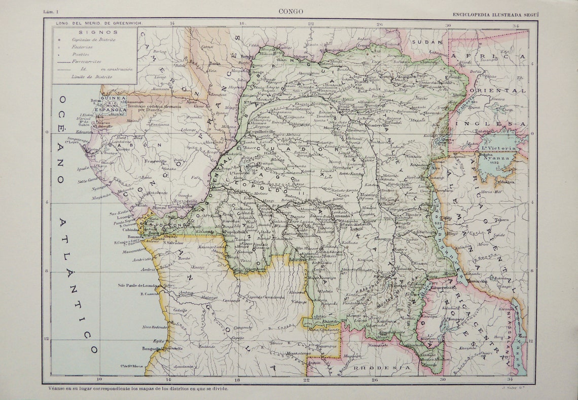 1900 Antique Lithograph of THE CONGO. ZAIRE. Belgian Congo. Africa. 125 ...