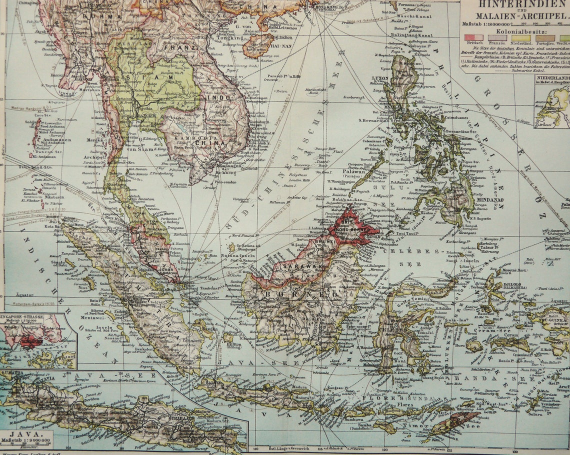 1897 Antique Map of INDONESIA SOUTHERN ASIA. Vietnam. - Etsy
