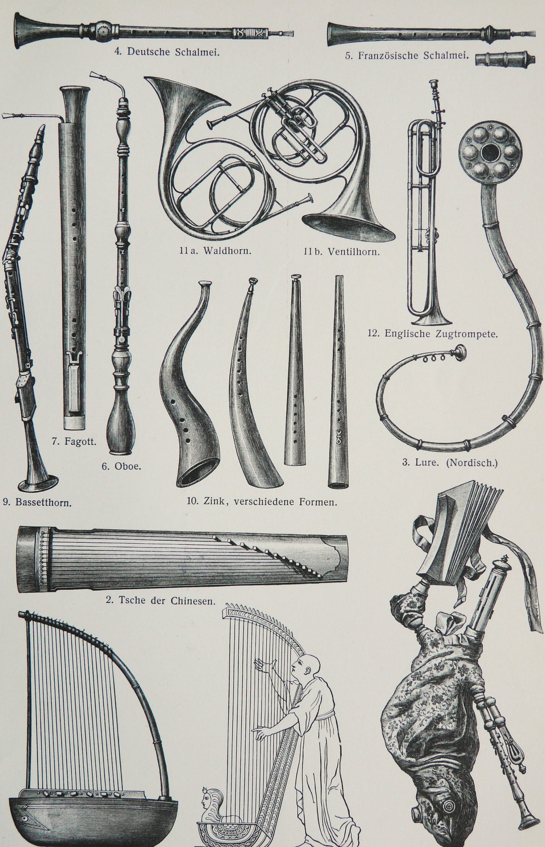 1897 Antique Print of ANCIENT MUSICAL INSTRUMENTS, Different Types ...