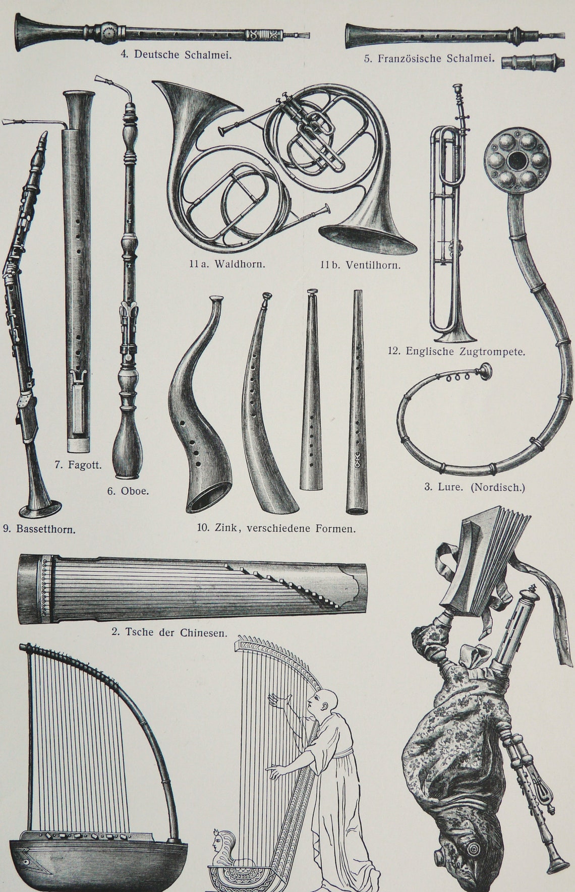 1897 Antique Print of ANCIENT MUSICAL INSTRUMENTS, Different Types ...
