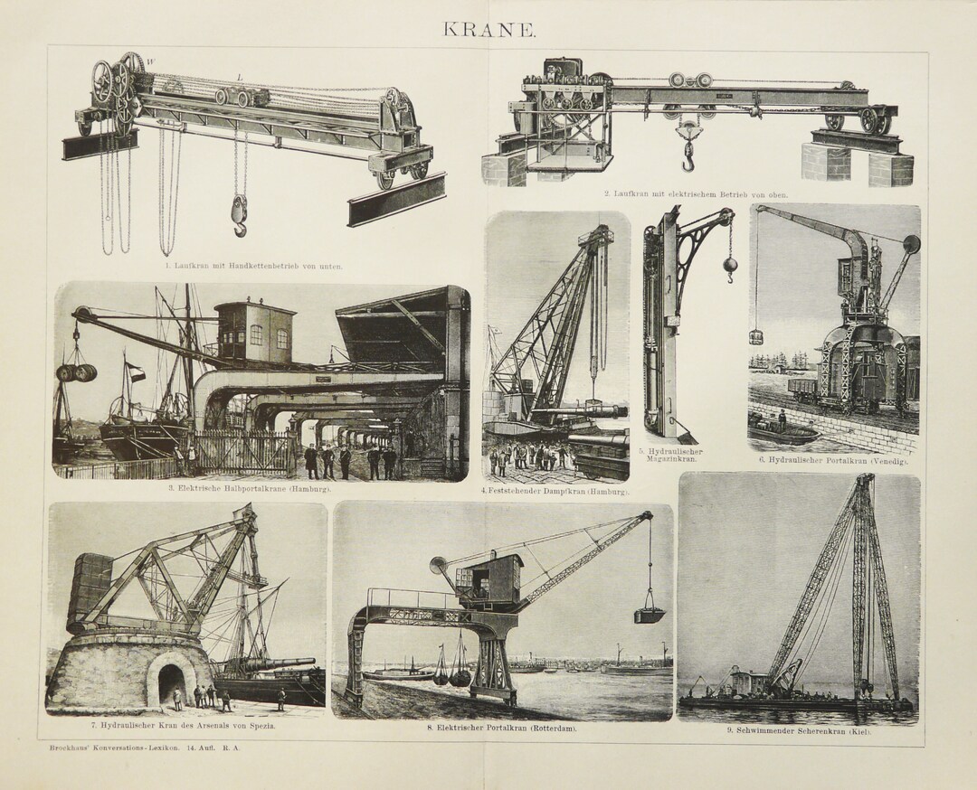 1895 Antique Print of CRANES, CRANE MACHINES, Different Types ...