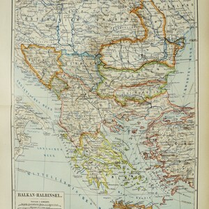 1897 Antique Map of BALKANS. BALKAN PENINSULA. Romania. Bulgaria ...
