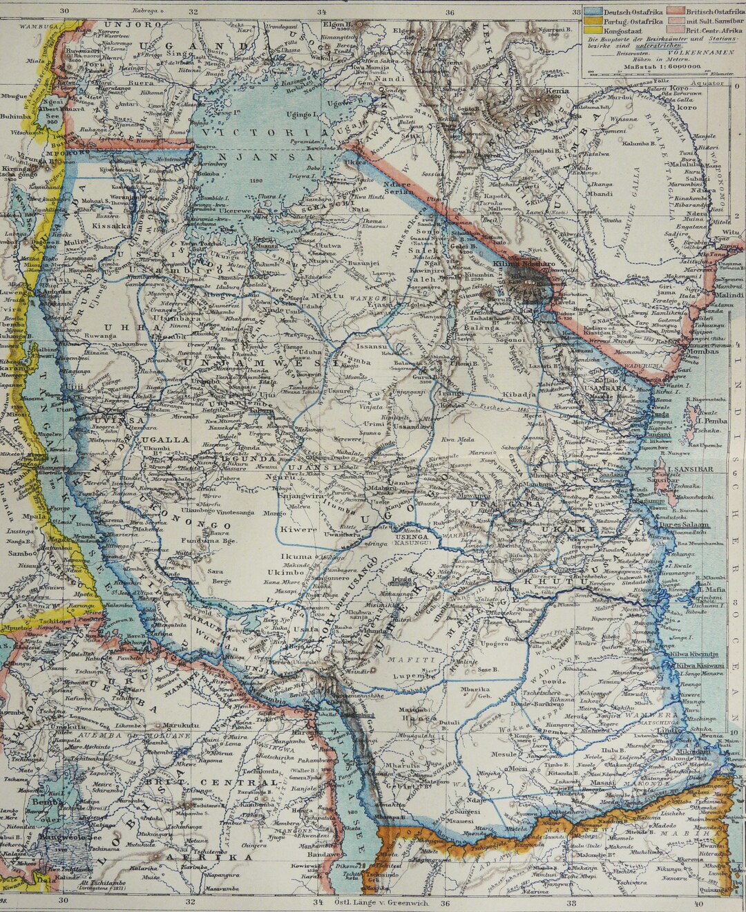 1895 Antique Map of GERMAN EAST AFRICA. Tanzania. Burundi. Rwanda ...