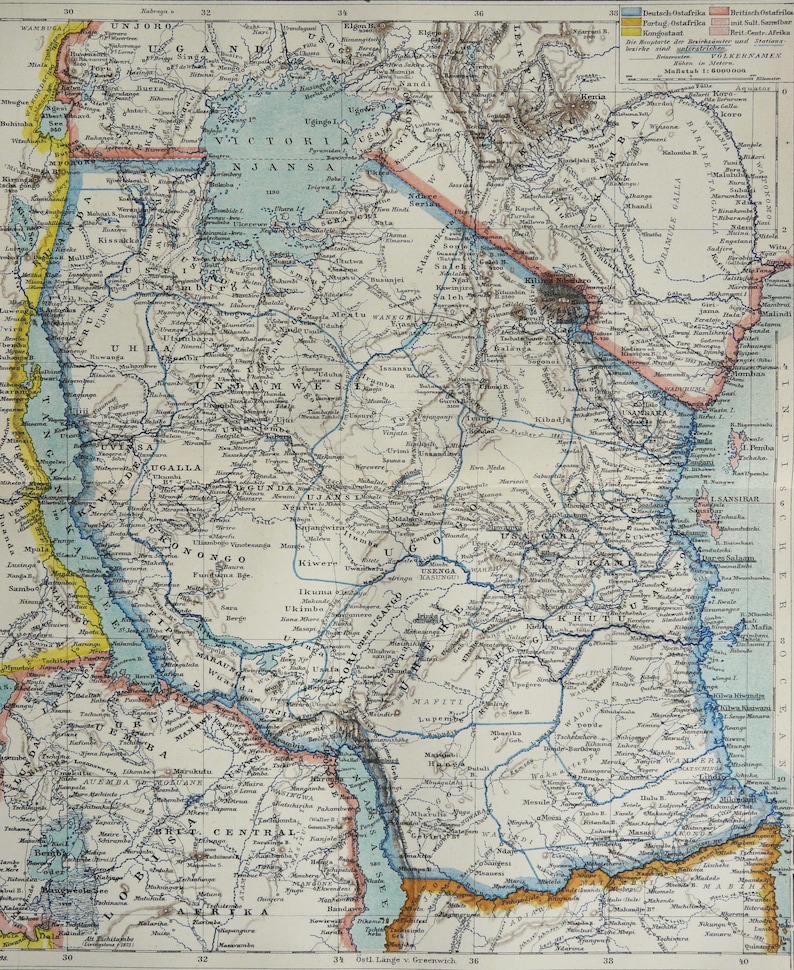 1895 Antique Map of GERMAN EAST AFRICA. Tanzania. Burundi. Rwanda ...