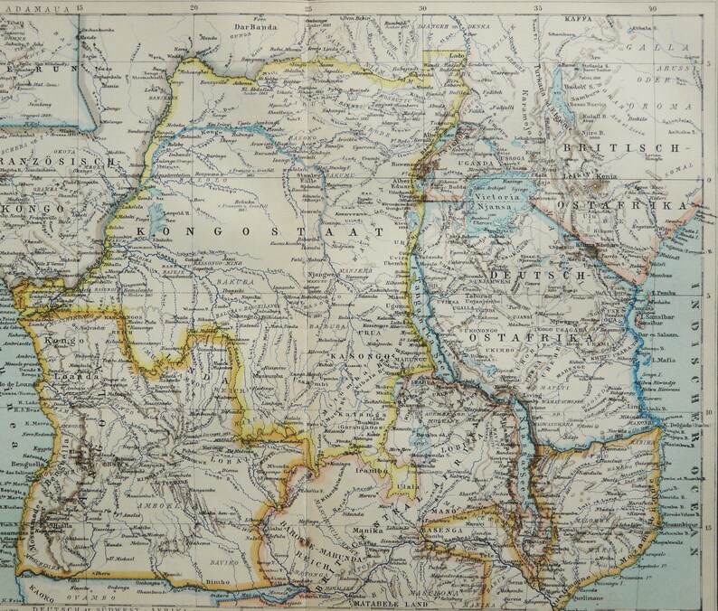 1895 Antique Map of EQUATORIAL AFRICA in Late 19th Century. German ...