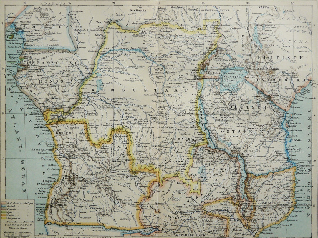 1895 Antique Map of EQUATORIAL AFRICA in Late 19th Century. German ...