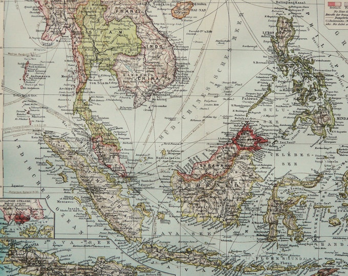 1897 Antique Map of INDONESIA, SOUTHERN ASIA. Vietnam. Philippines ...