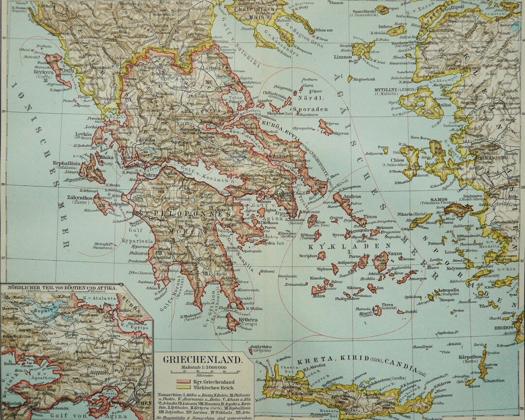 1897 Antique Map of GREECE. ATHENS. Aegean Sea. Ionian Sea. 127 Years ...