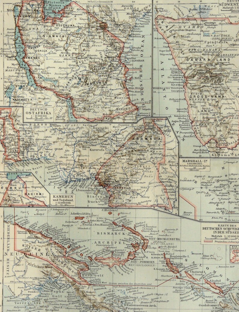 1897 Antique Map of GERMAN COLONIES. German Empire. Germany. Cameroon ...
