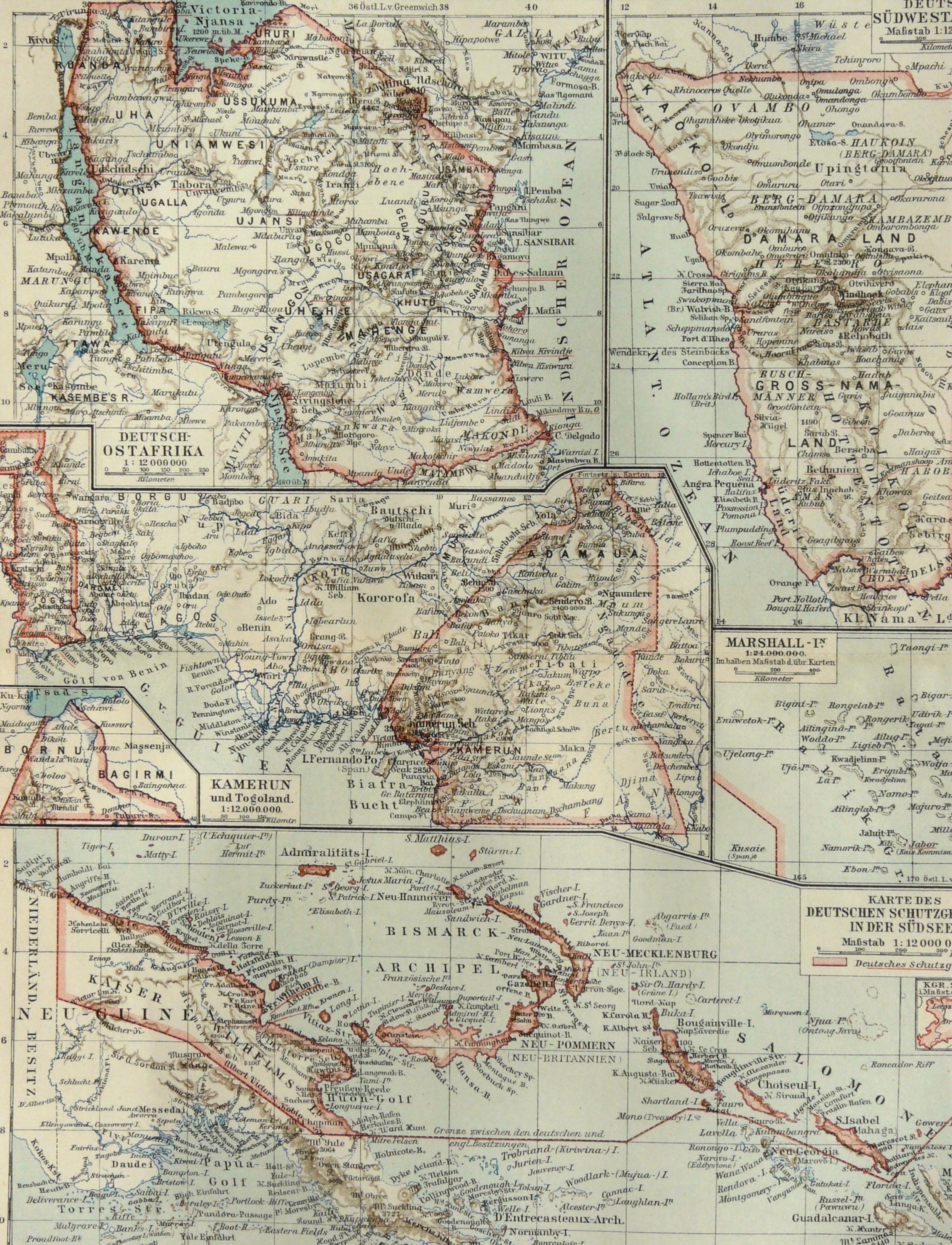 1897 Antique Map of GERMAN COLONIES. German Empire. Germany. Cameroon ...