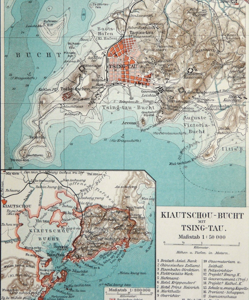 1897 Antique Map of the GERMAN COLONY of TSINGTAO. Qingdao. China ...