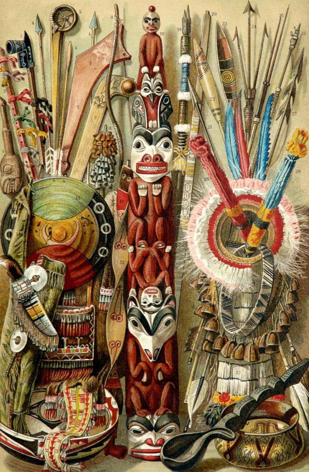 1897 Antique Lithograph of AMERICAN INDIAN CULTURE. Native Americans ...