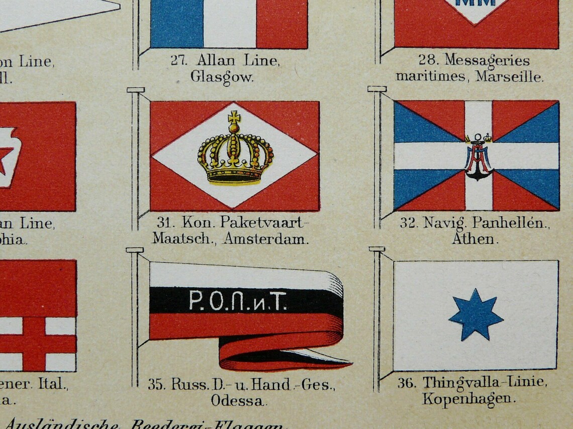 1897 Antique Lithograph of SHIPPING COMPANY FLAGS. Navigation. Naval ...