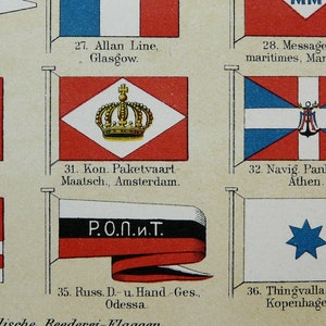 1897 Antique Lithograph of SHIPPING COMPANY FLAGS. Navigation. Naval ...
