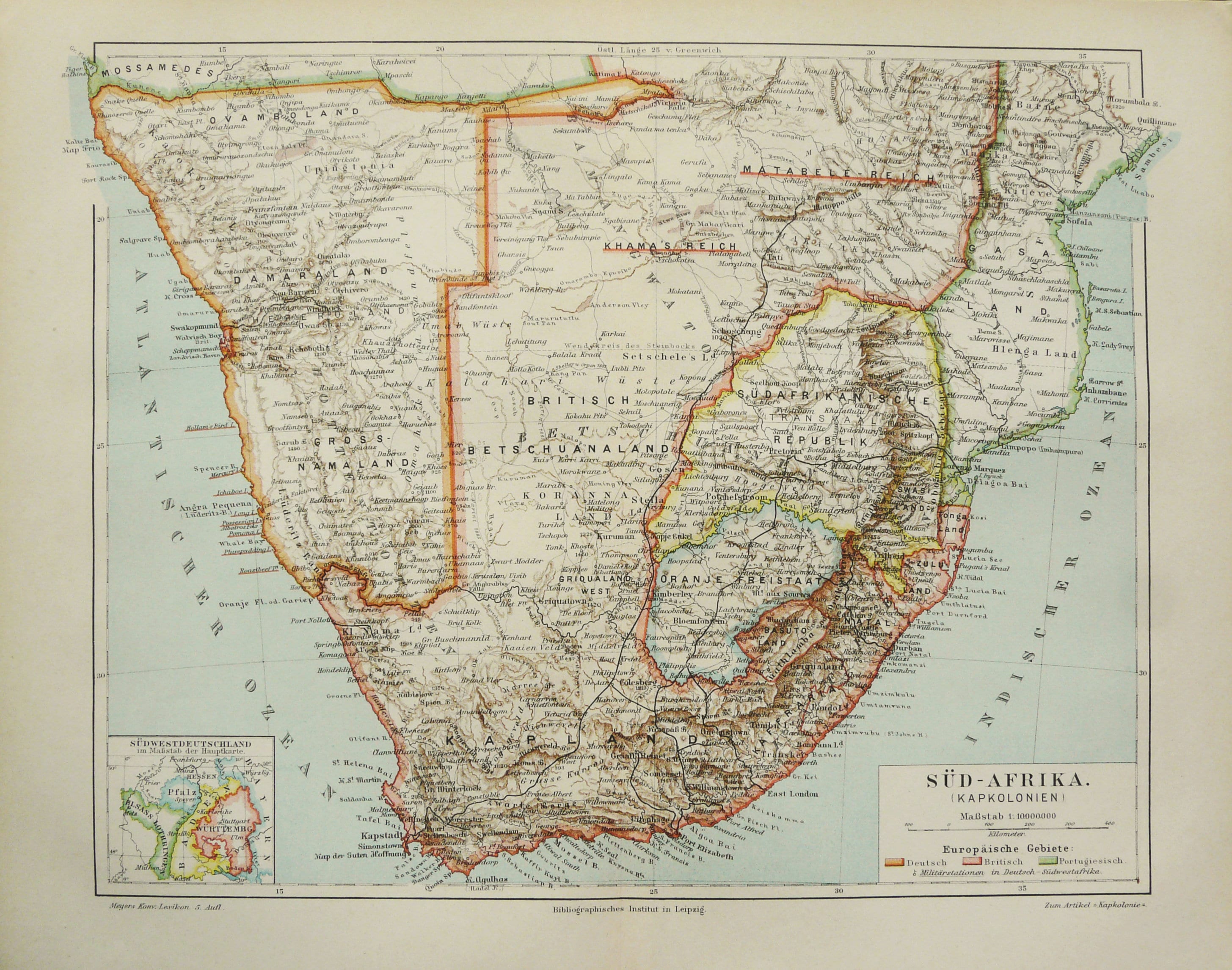 1897 Antique Map of SOUTHERN AFRICA, South Africa, Bostwana, Namibia ...