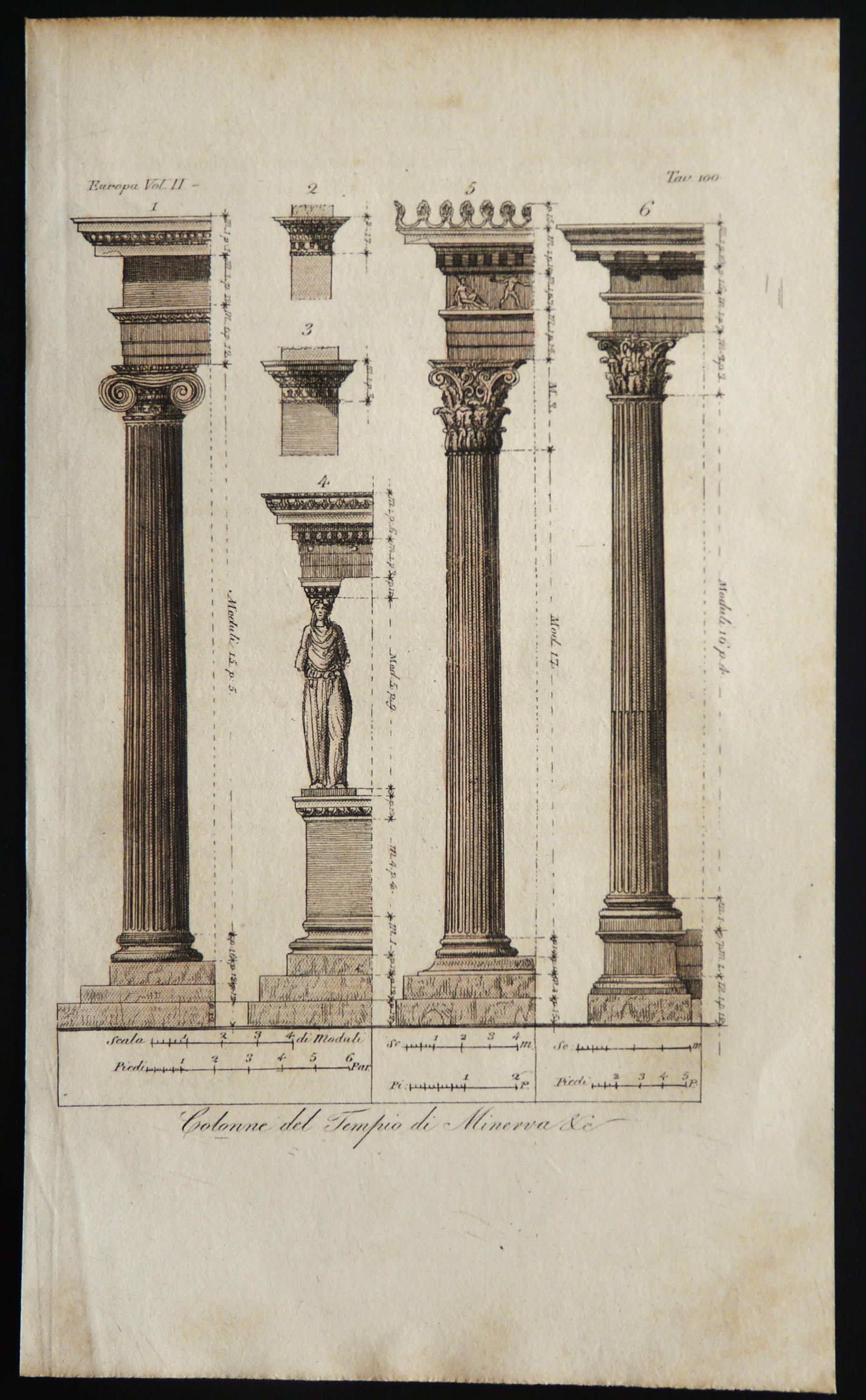 1828 Antique Copper Engraving of ARCHITECTURE. Columns. Capitals. Archs ...