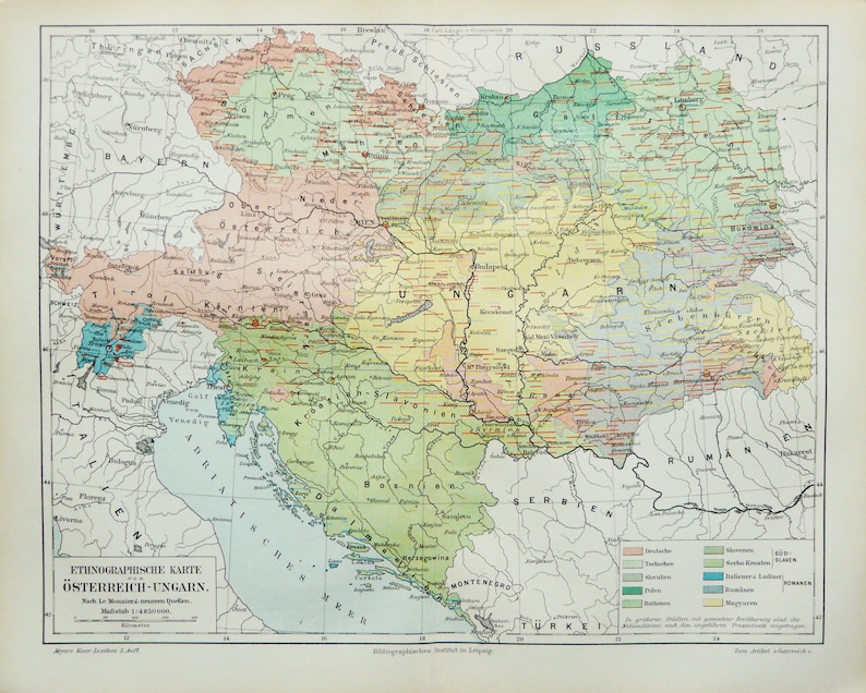 1897 Antique Ethnographic Map of AUSTRIA HUNGARY. Different ...