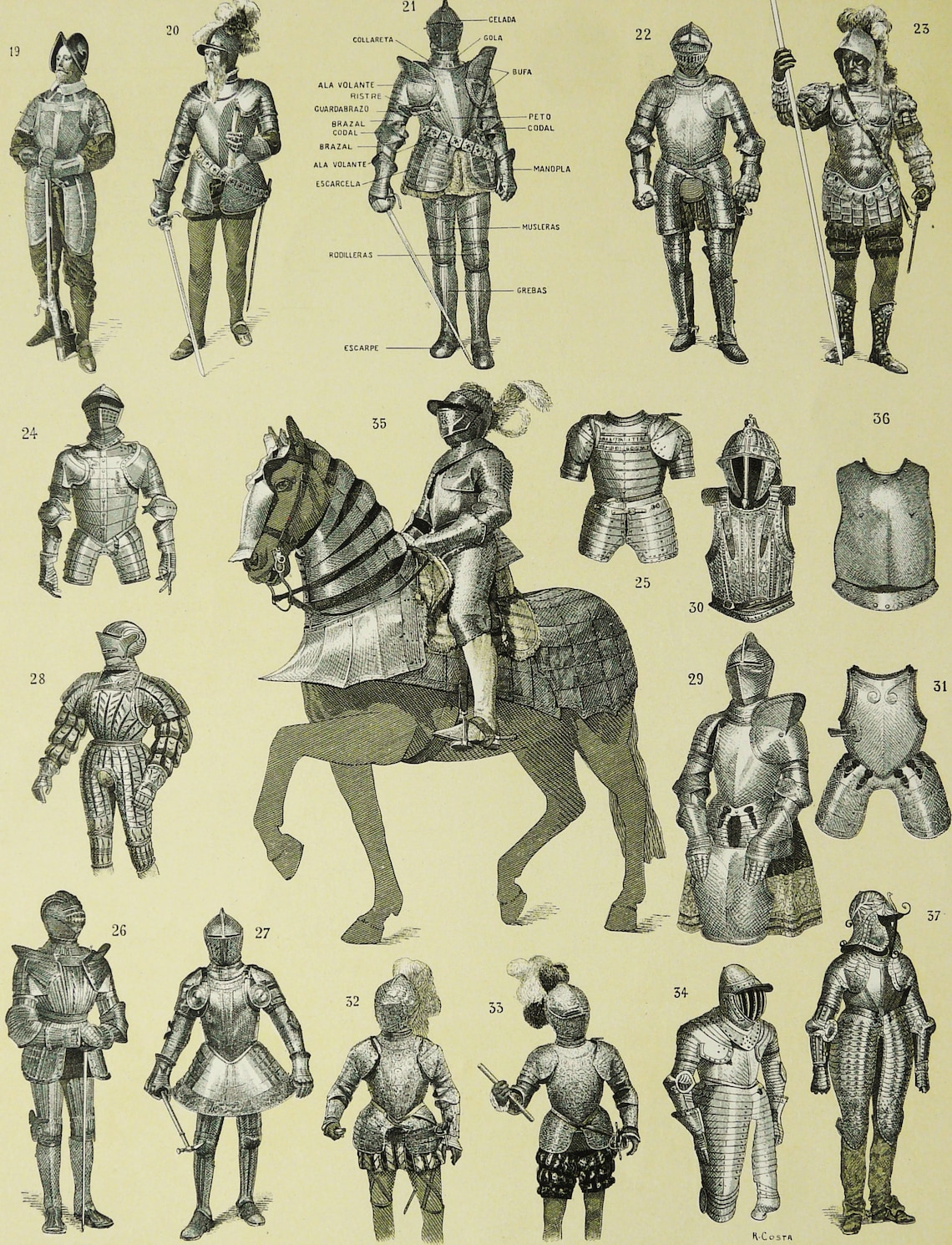 1900 Antique Lithograph of BODY ARMORS, Different Types. Body Armours ...