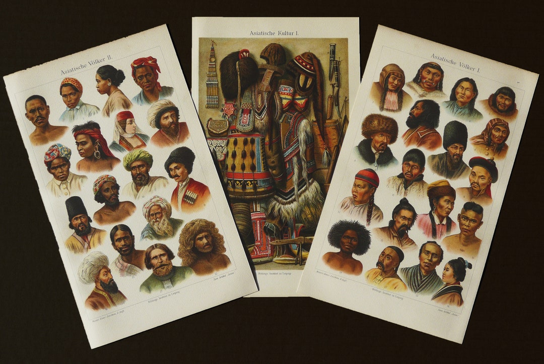 1897 Set of 3 Antique Lithographs of ASIATIC PEOPLE and CULTURE ...