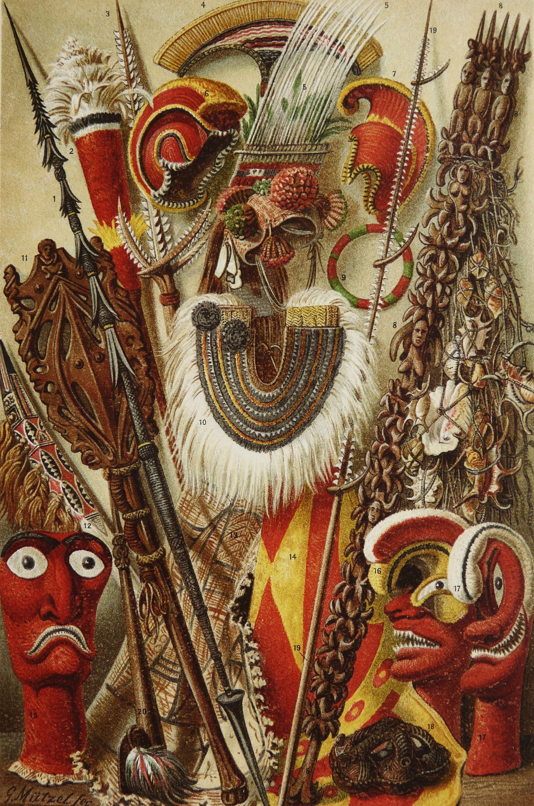 1897 Antique Lithograph of OCEANIA, AUSTRALIAN CULTURE. Melanesia ...