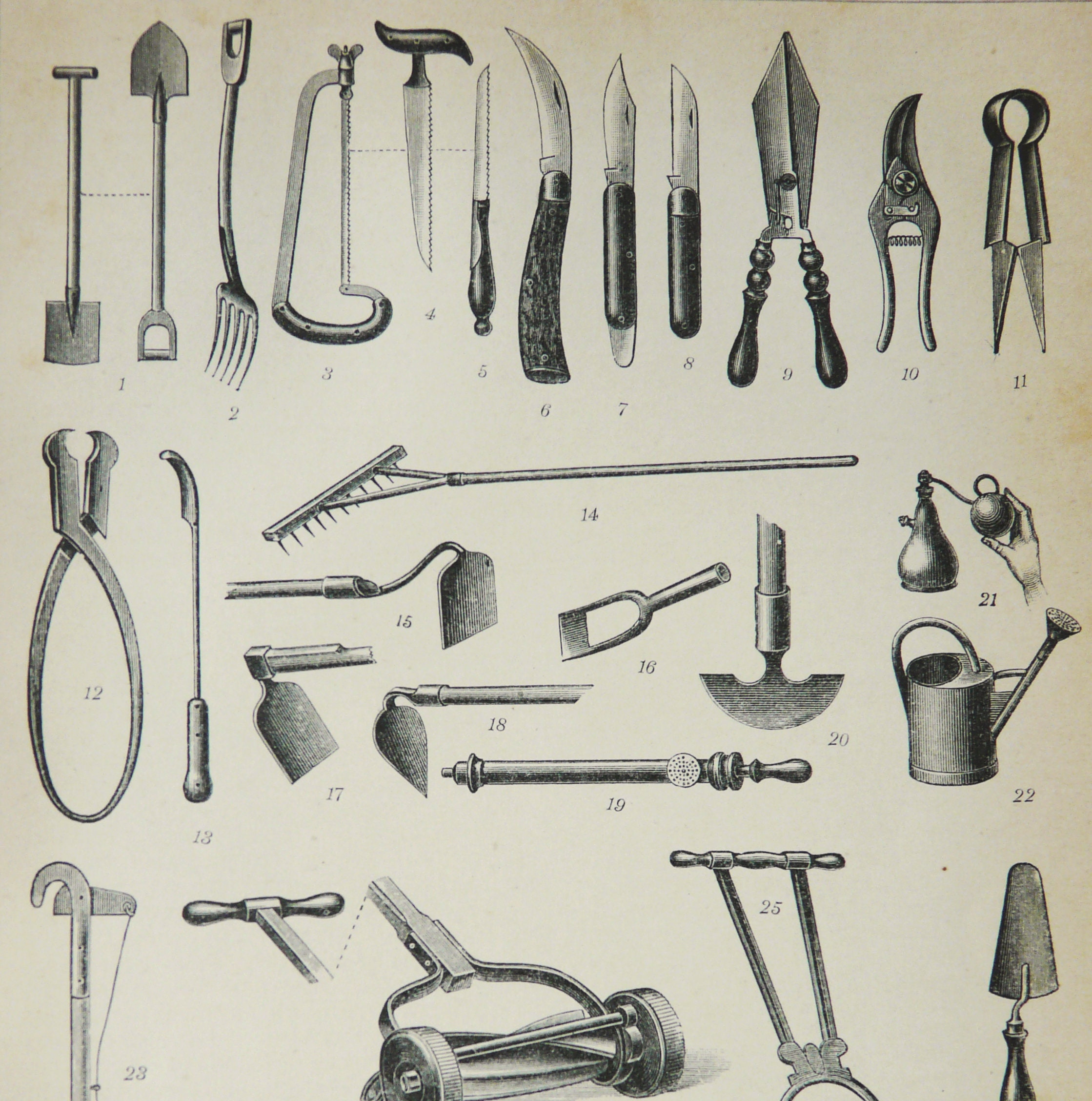 1895 Antique Print of GARDENING, Intruments and Tools. Garden. Plants ...