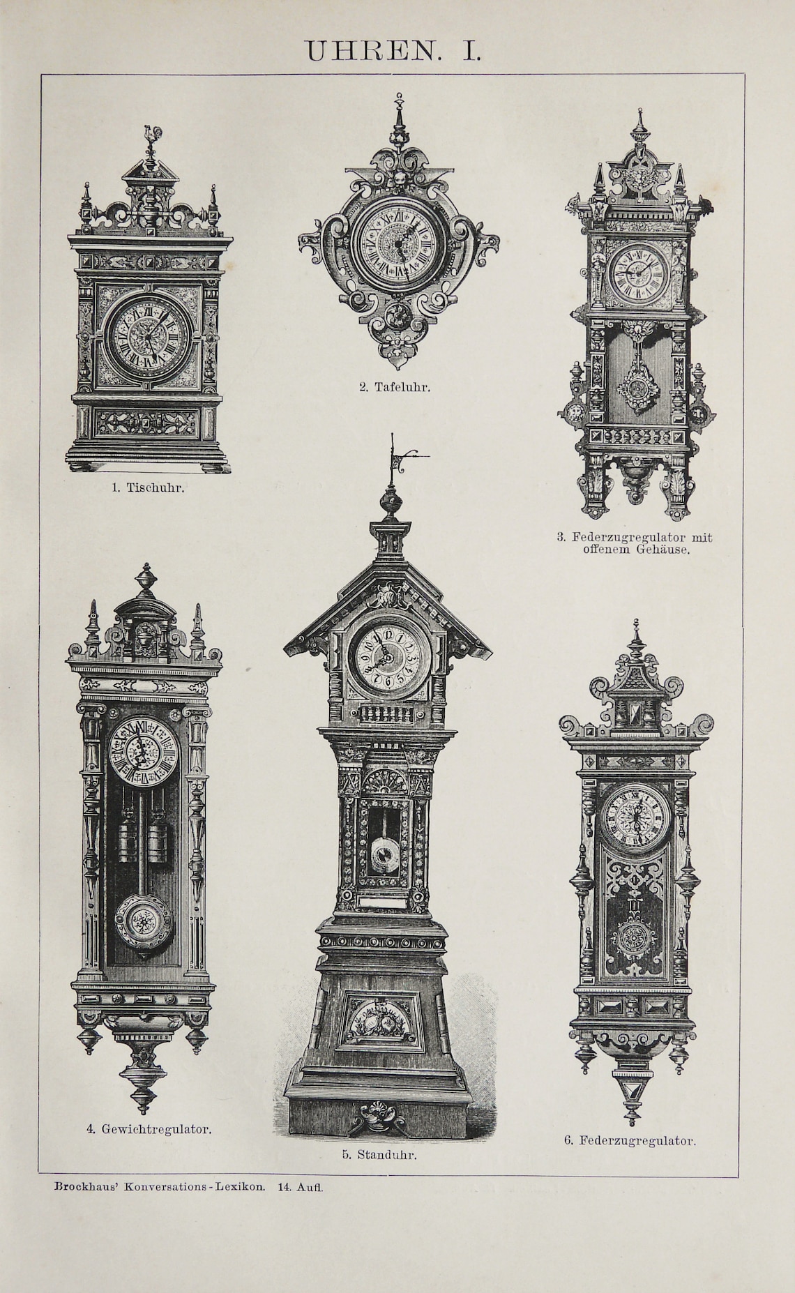 1895 Antique Print of PENDULUM CLOCKS, Different Types. Wall Clocks ...