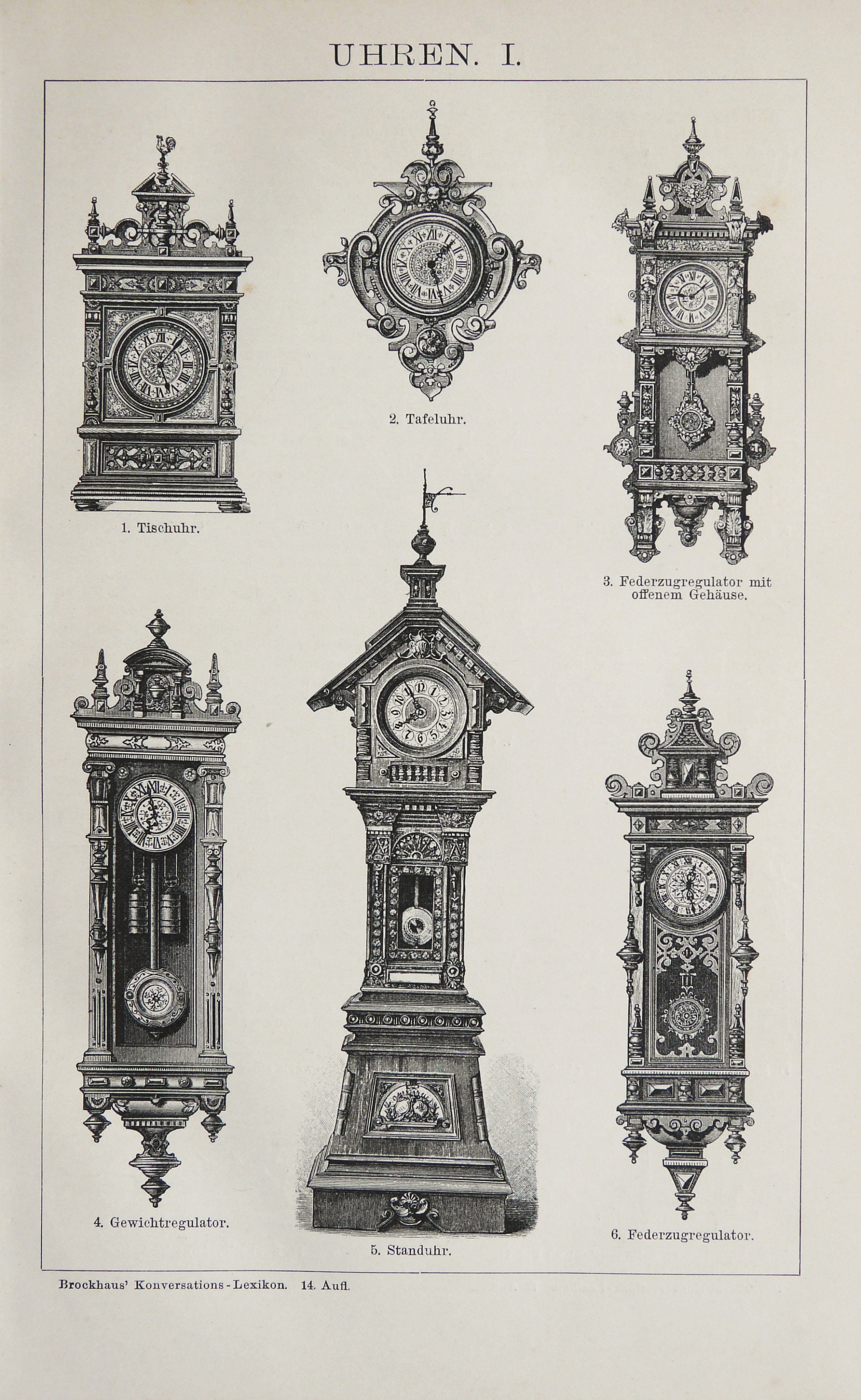 1895 Antique Print of PENDULUM CLOCKS, Different Types. Wall Clocks ...