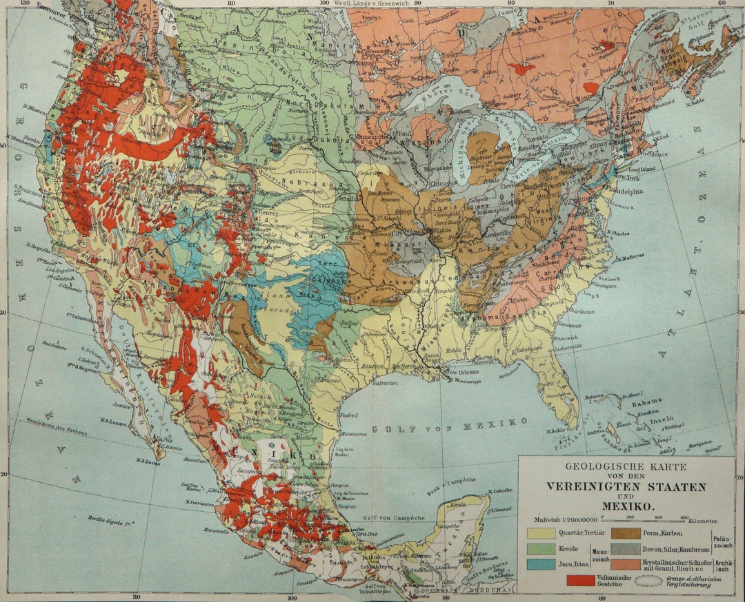 1897 Antique Geological Map of THE UNITED STATES, Mexico. North America ...
