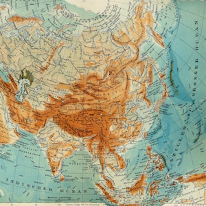 1911 Antique Physical Map of ASIA, Rivers and Mountains. Geology ...