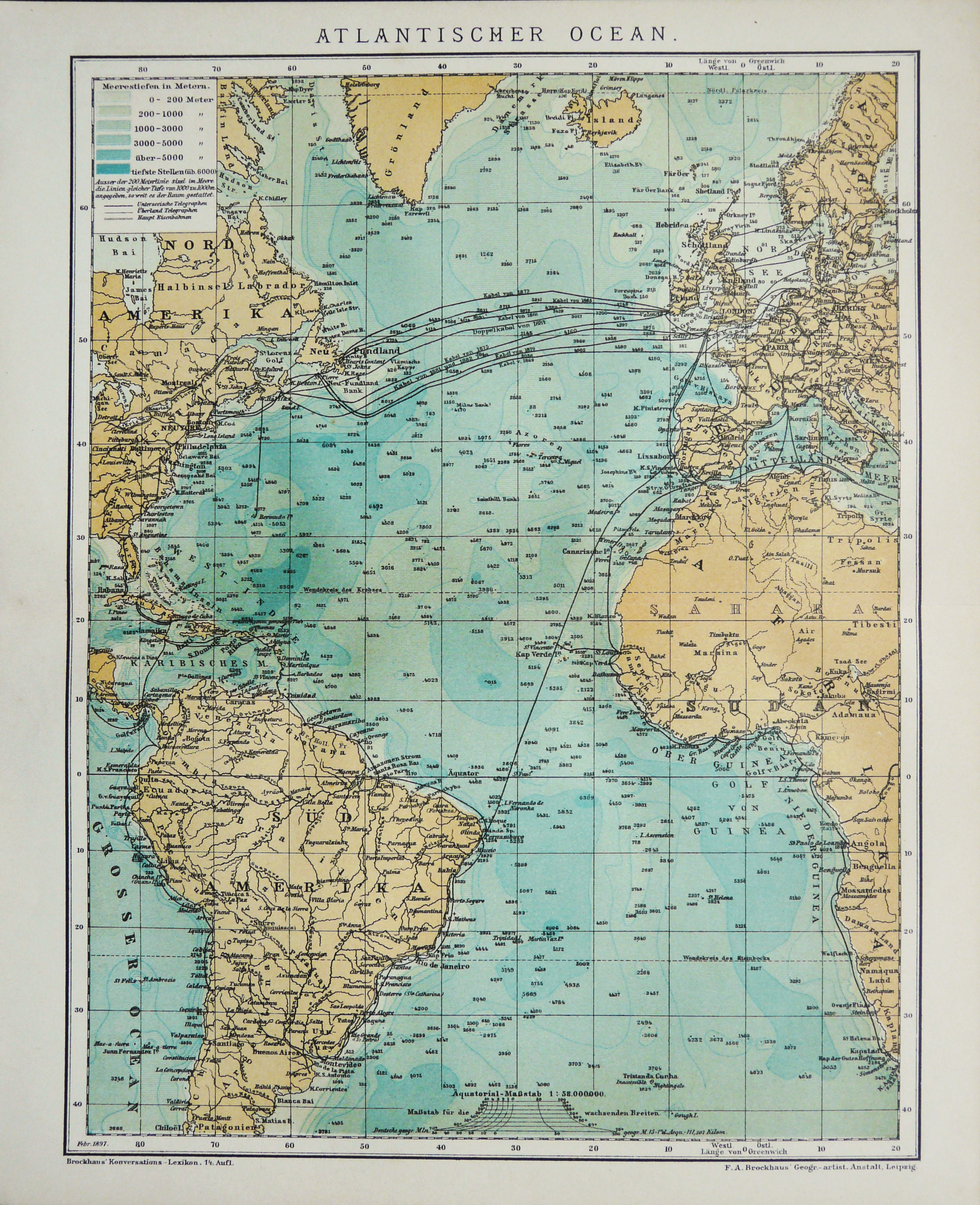 1895 Antique Map of THE ATLANTIC OCEAN. Navigation. 129 Years Old Chart ...