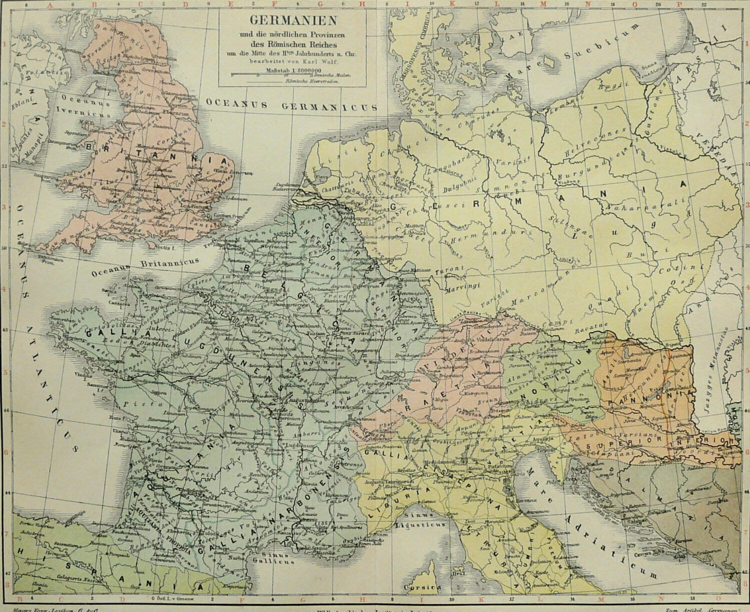 1897 Antique Map of GERMANIA, GALLIA. Roman Empire. Ancient Rome. Magna ...
