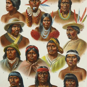 1897 Antique Lithograph of NATIVE AMERICANS TYPES. American Indian ...