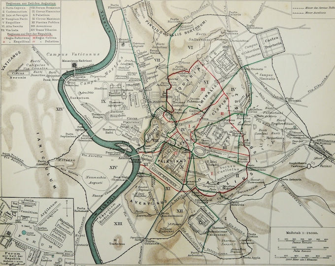 1895 Antique City Map of ANCIENT ROME. Roman Empire. 129 Years Old Town ...