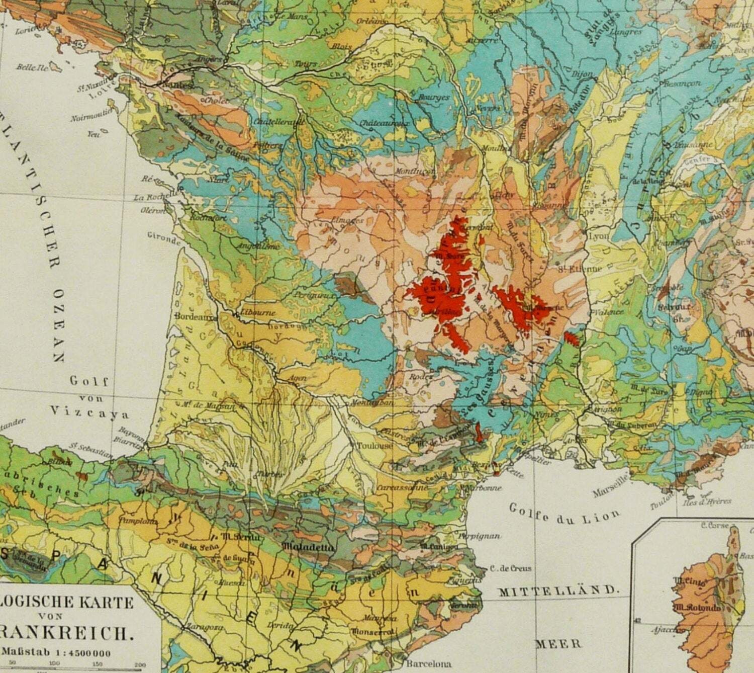 1897 Antique Geological Map of FRANCE. Geology. Rocks. Rivers. 127 ...