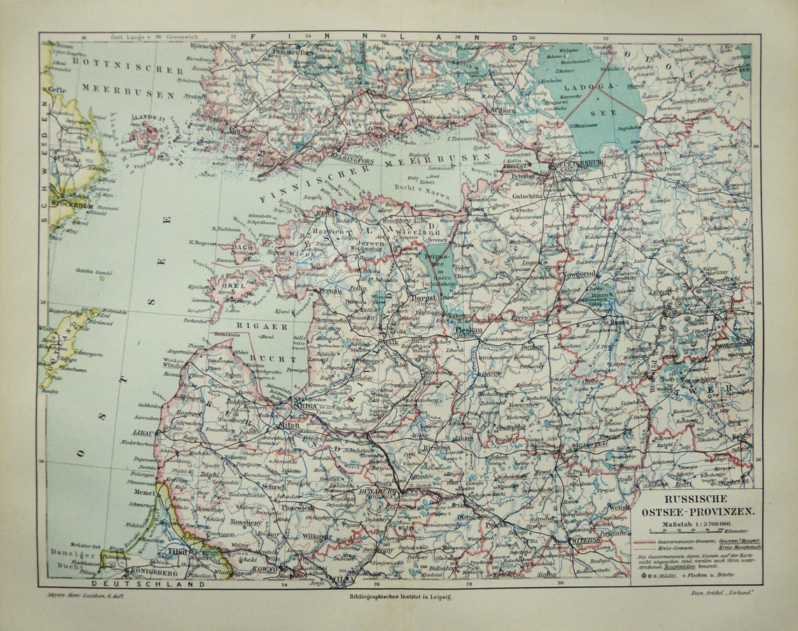 1897 Antique Map of THE BALTIC STATES: Estonia, Latvia, Lithuania ...