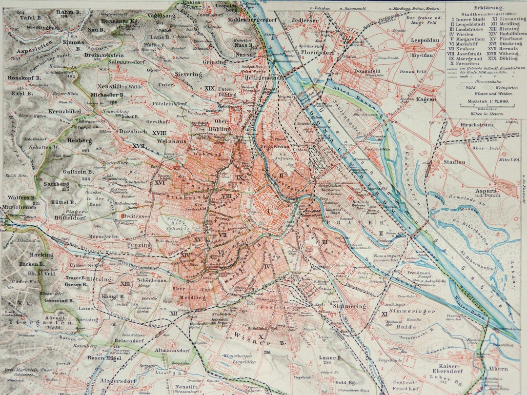 1897 Antique City Map of VIENNA, AUSTRIA. Wien. 127 Years Old Town Map ...