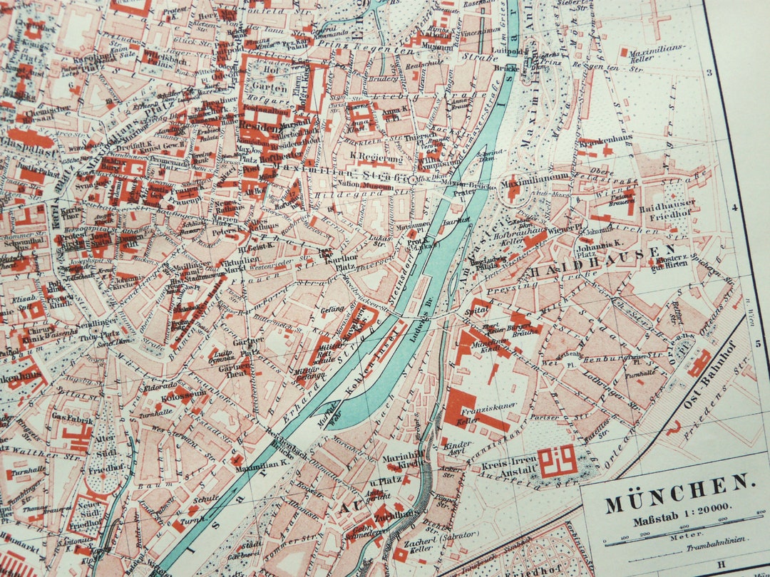 1897 Antique City Map of MUNICH, BAVARIA, GERMANY. 127 Years Old Town ...
