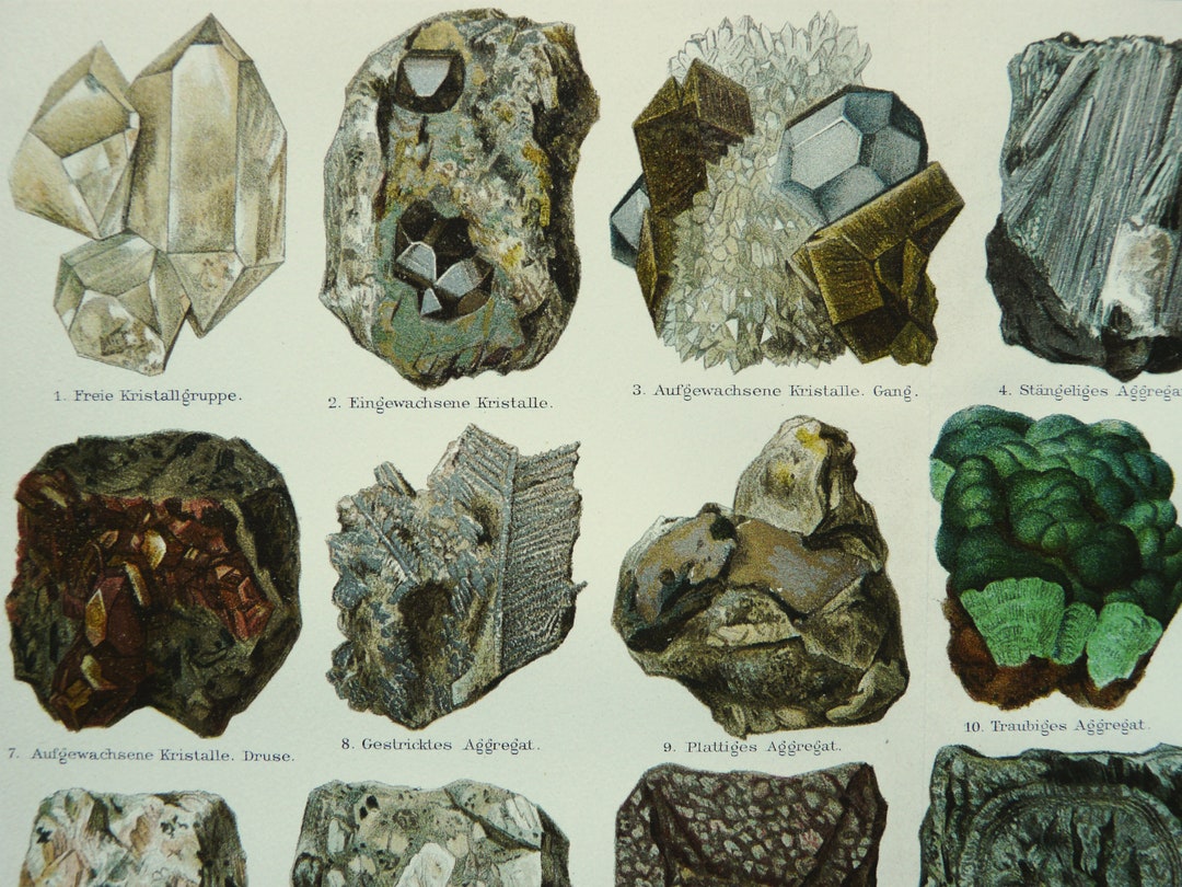 1897 Antique Lithograph of MINERALS. ROCKS. GEMS. Precious Stones ...