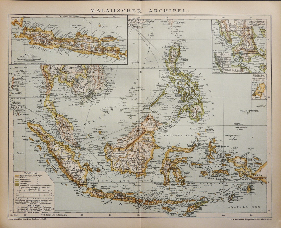 1895 Antique Map of INDONESIA, SOUTHERN ASIA. Vietnam. Philippines ...