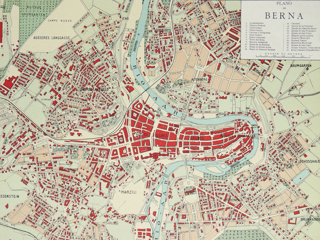 1900 Antique City Map of BERN, SWITZERLAND. BERNE. 124 Years Old Chart ...