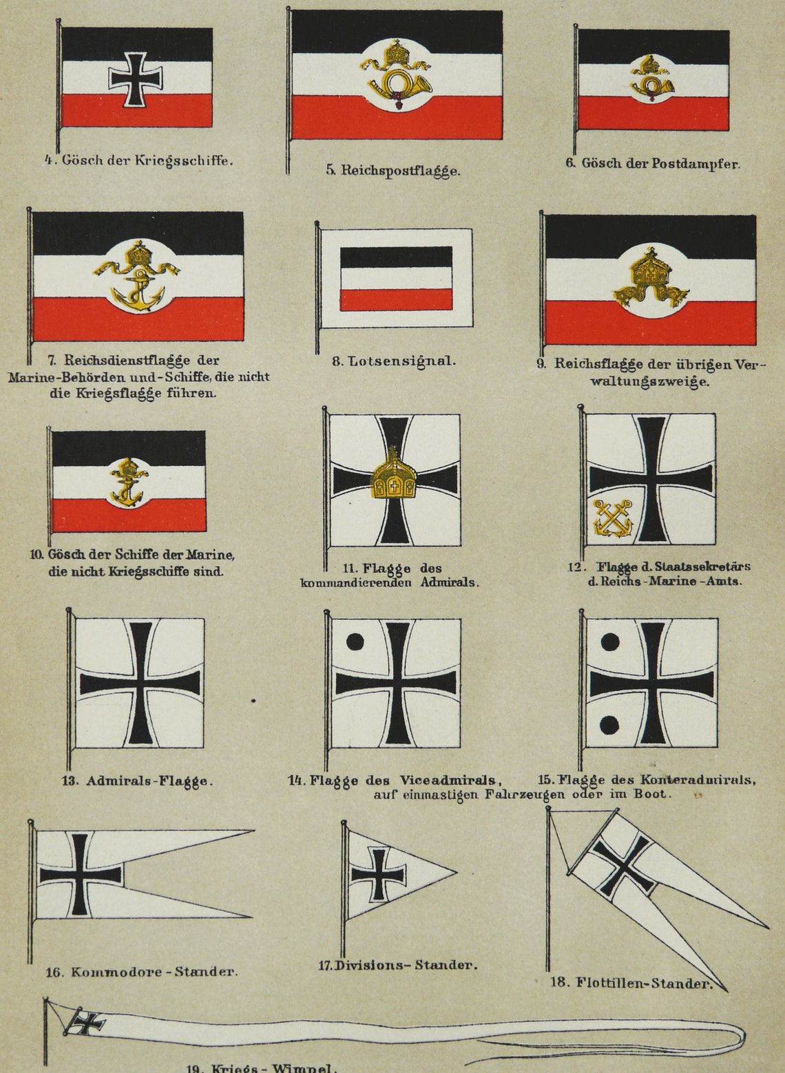 1895 Antique Lithograph of GERMAN HISTORIC FLAGS. Flags of German ...