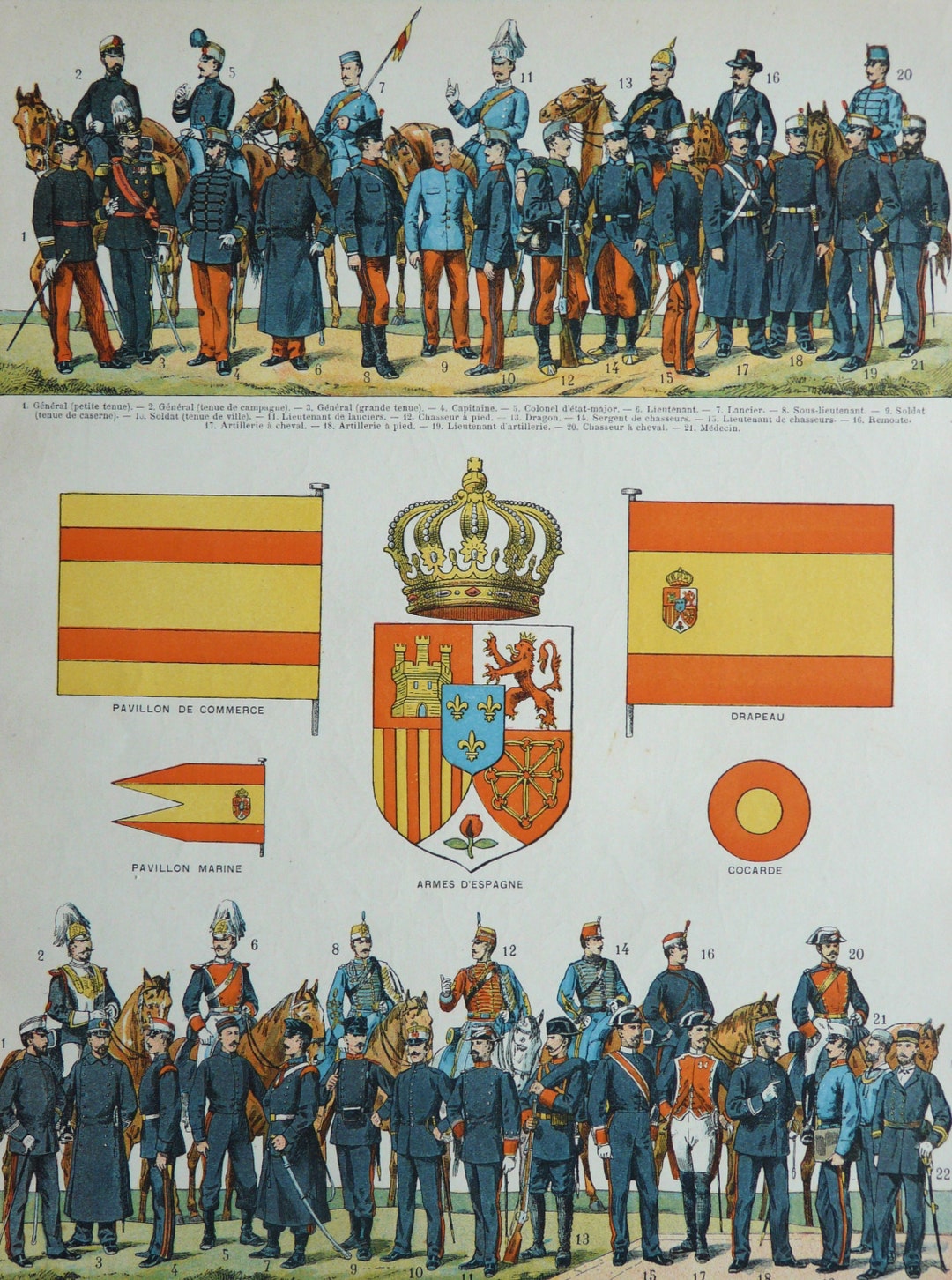 1900 Antique Lithograph of the SPANISH ARMY and NAVY Soldiers Uniforms ...