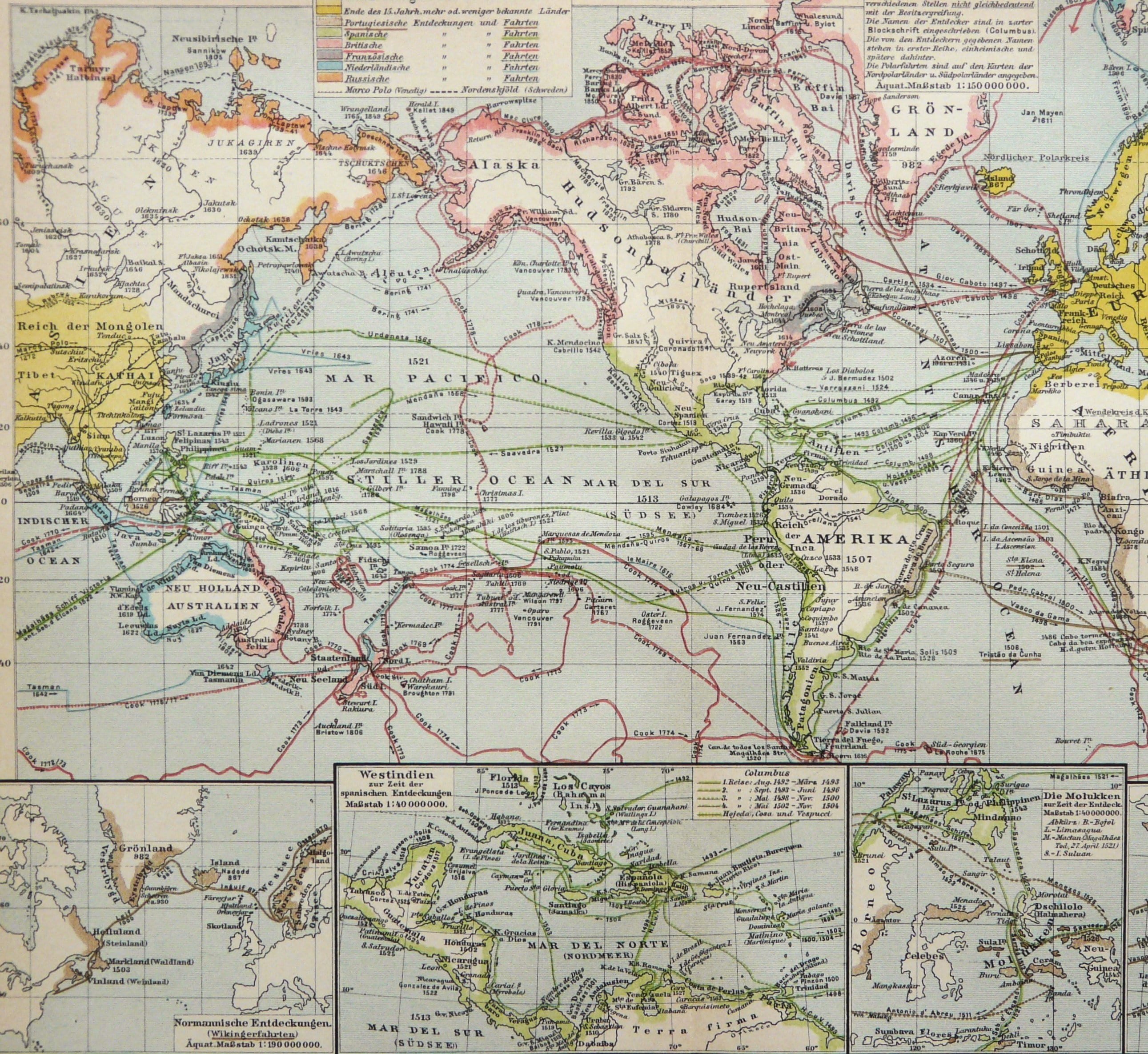 1895 Antique WORLD MAP With the Main Travels of the Age of Discoveries ...