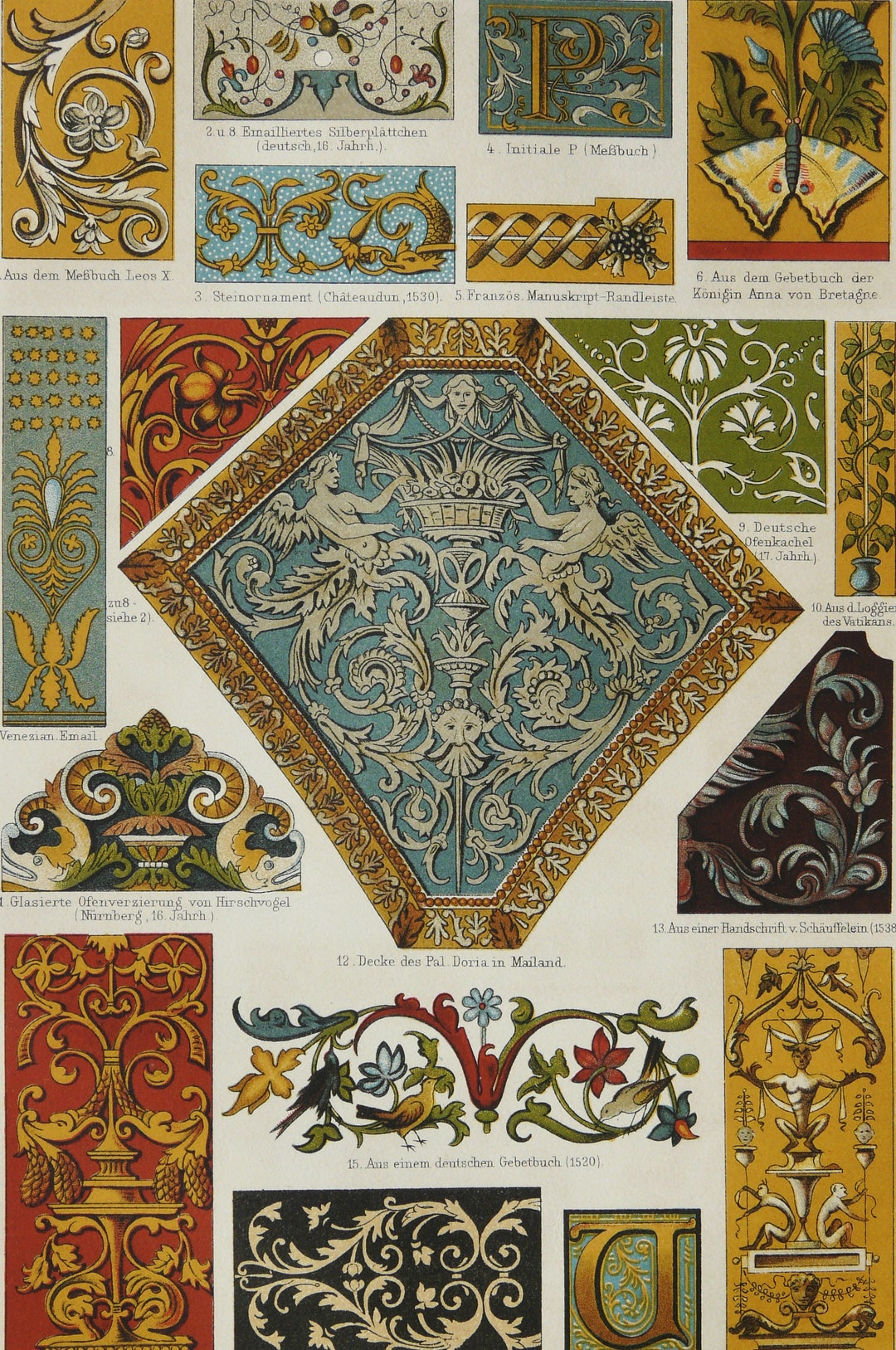 1895 Antique Lithograph of RENAISSANCE ORNAMENTS. Decorative Arts ...