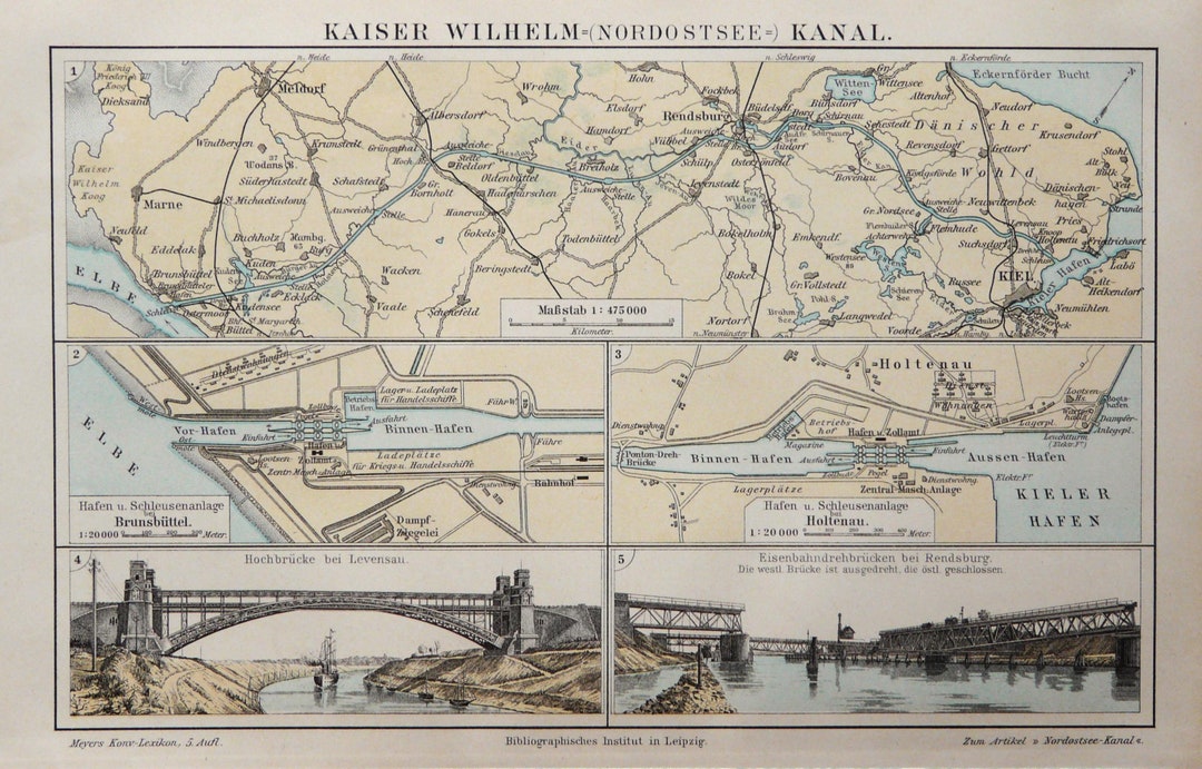 1897 Antique Map of THE KIEL CANAL. Kaiser-wilhelm-kanal. Germany. 129 ...