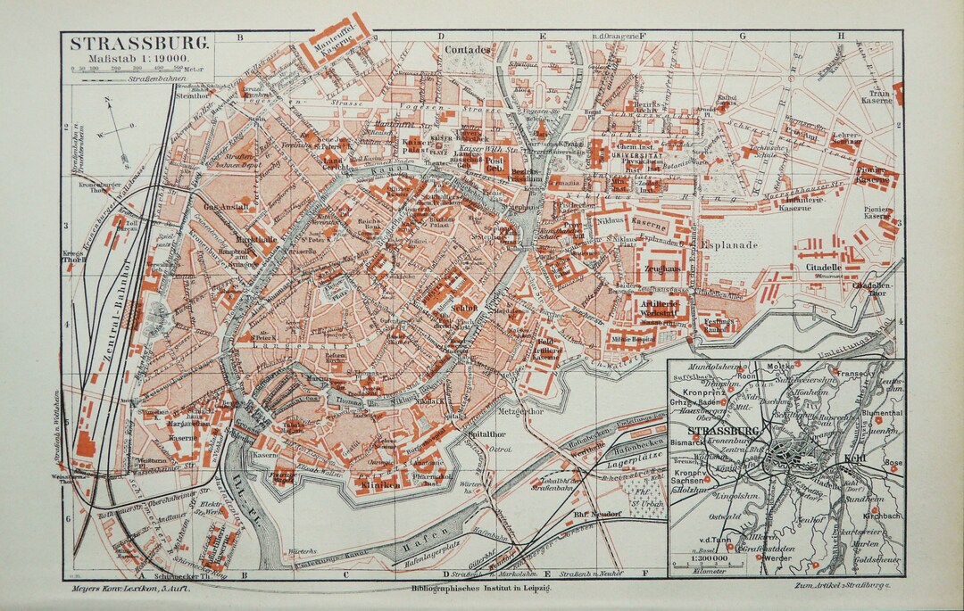 1897 Antique City Map of STRASBOURG, ALSACE, FRANCE. 127 Years Old Town ...