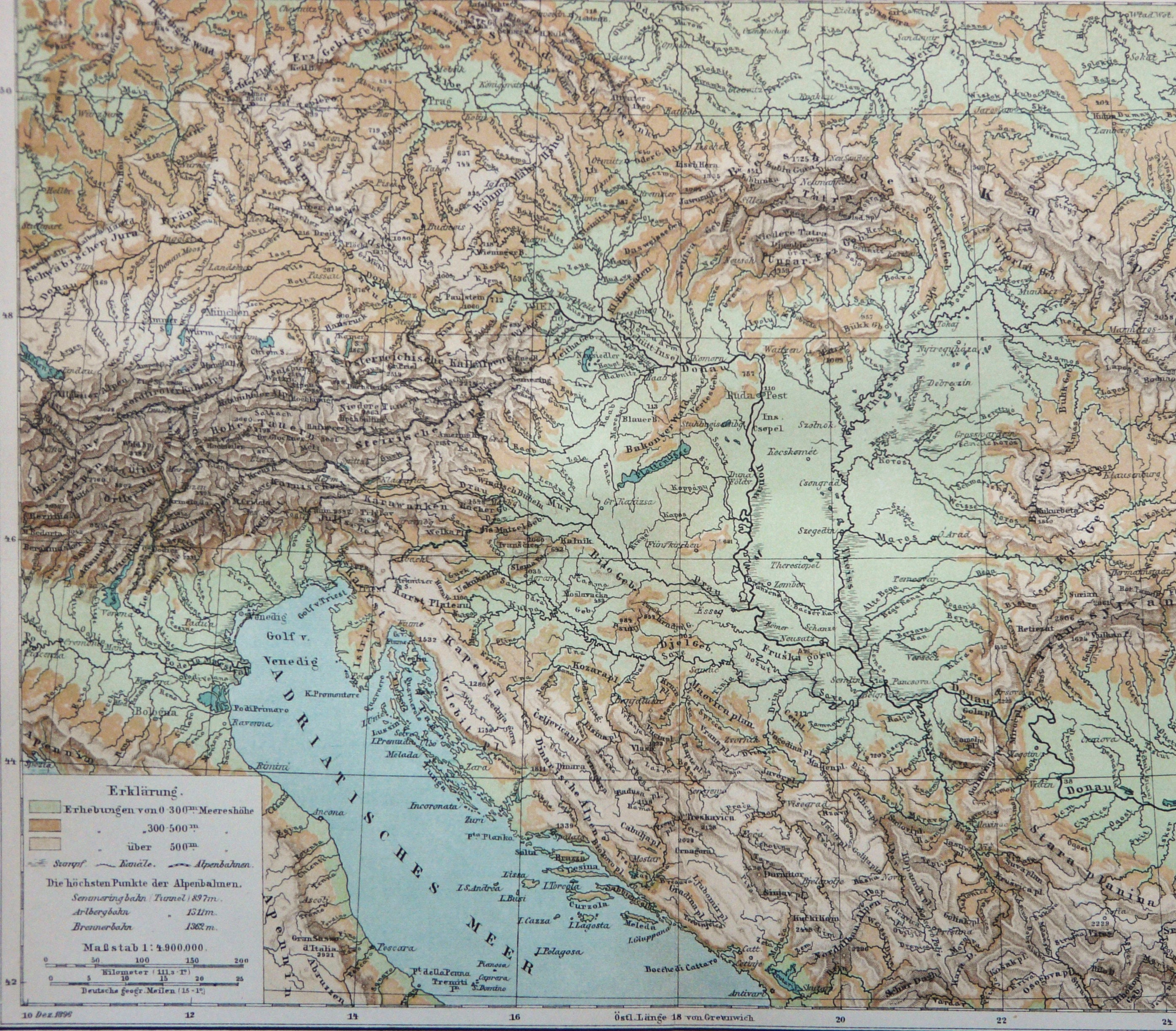 1896 Antique Physical Map of AUSTRIA HUNGARY. Austro Hungarian Empire ...