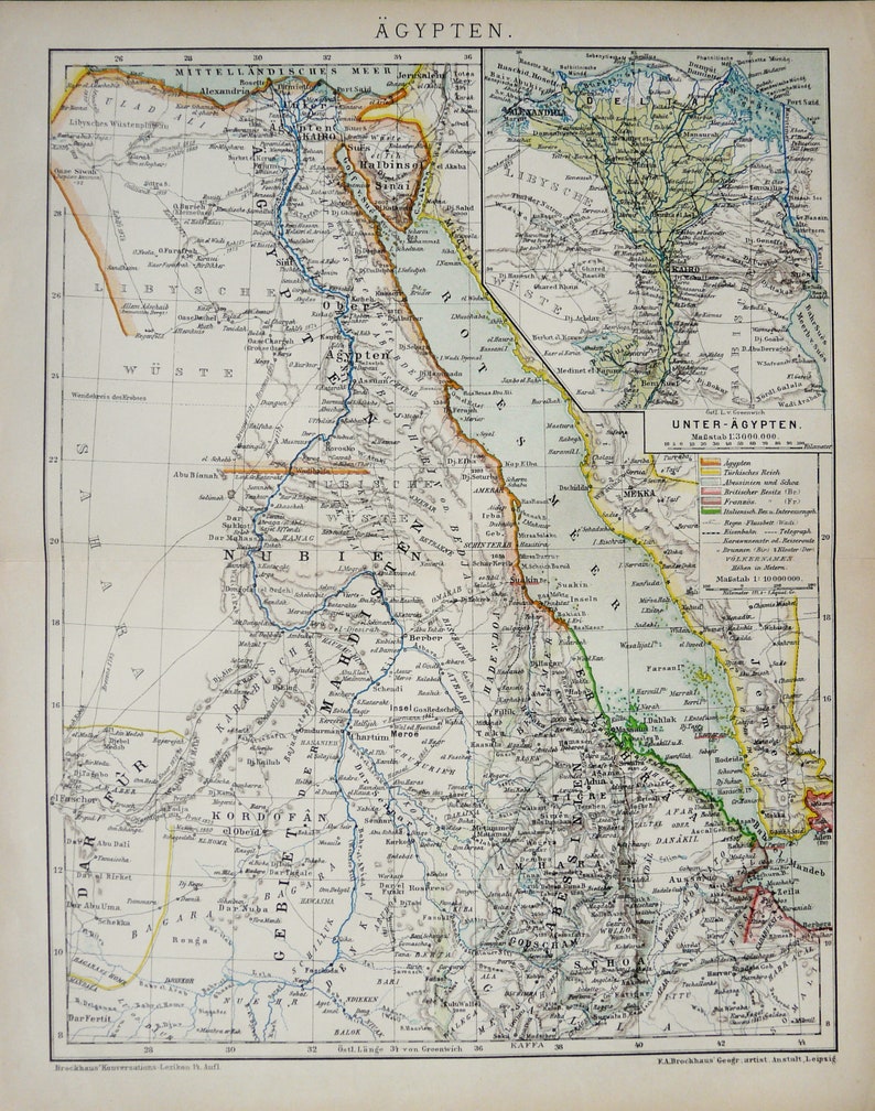 1895 Antique Map of EGYPT. CAIRO. ALEXANDRIA. Nile River. 129 Years Old ...